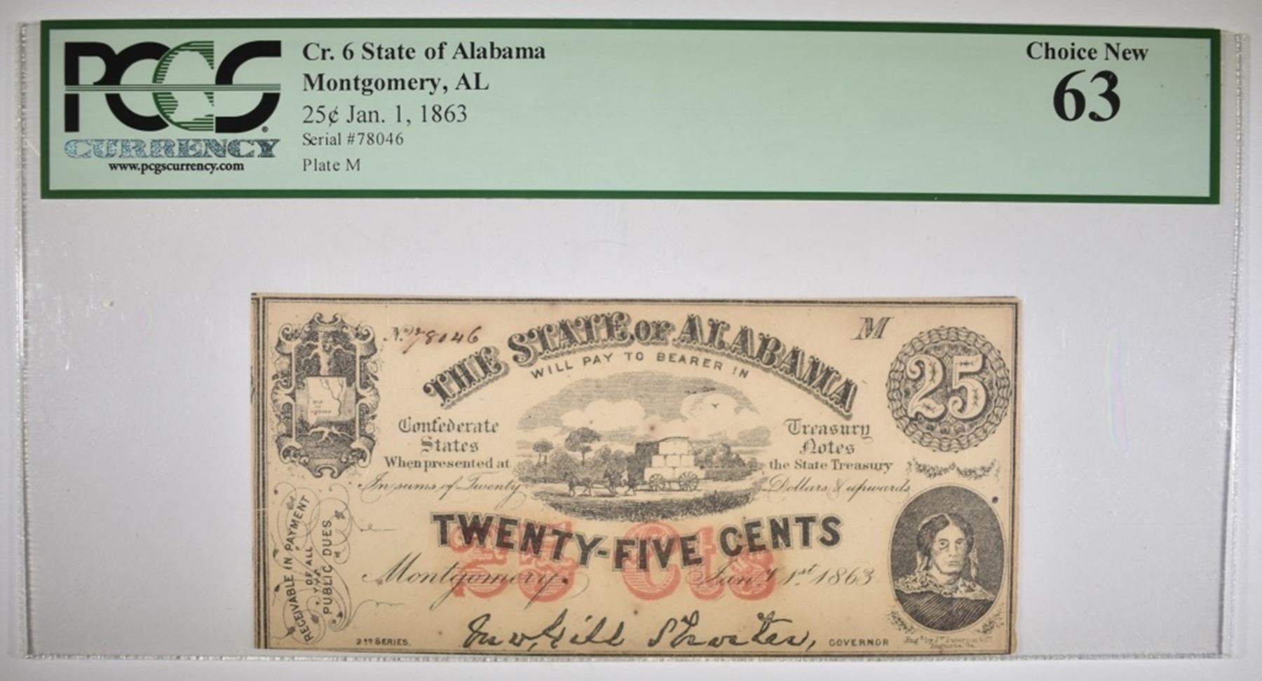 1863 25 CENT STATE OF ALABAMA PCGS 63