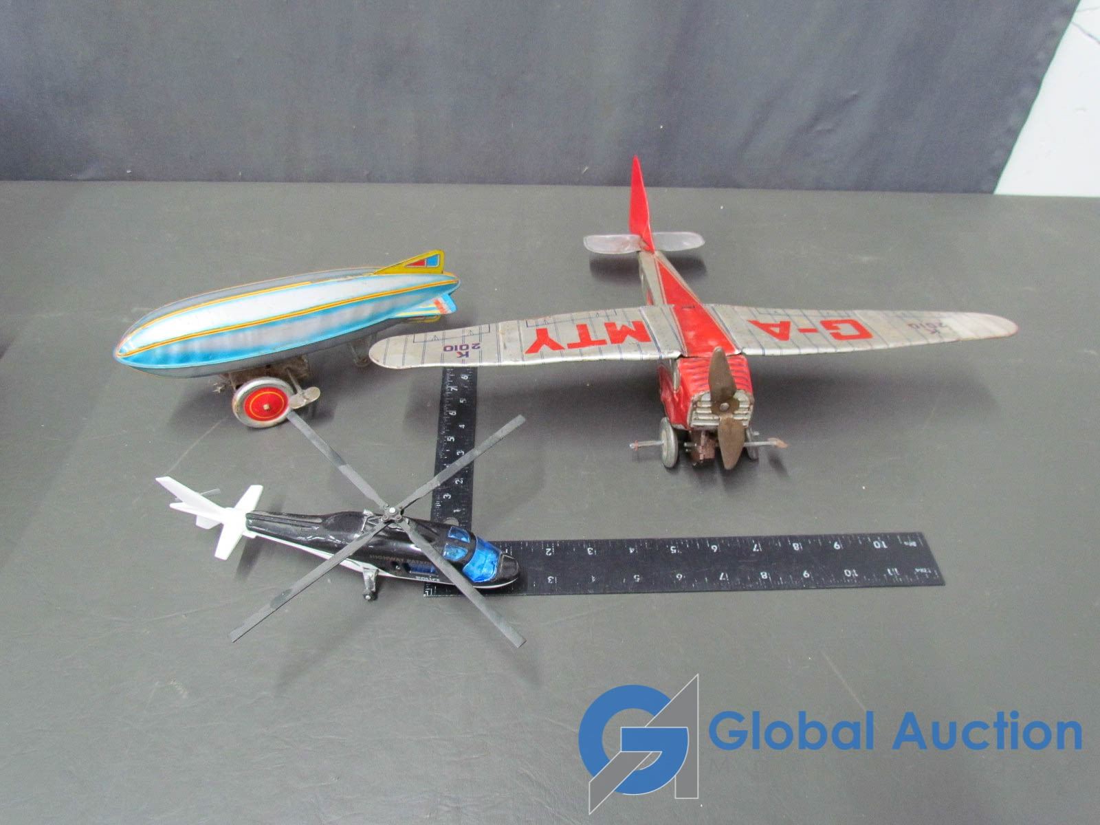 Tin Wind Up Tin Air Plane; Wind Up Tin Air Ship & Toy Helicopter