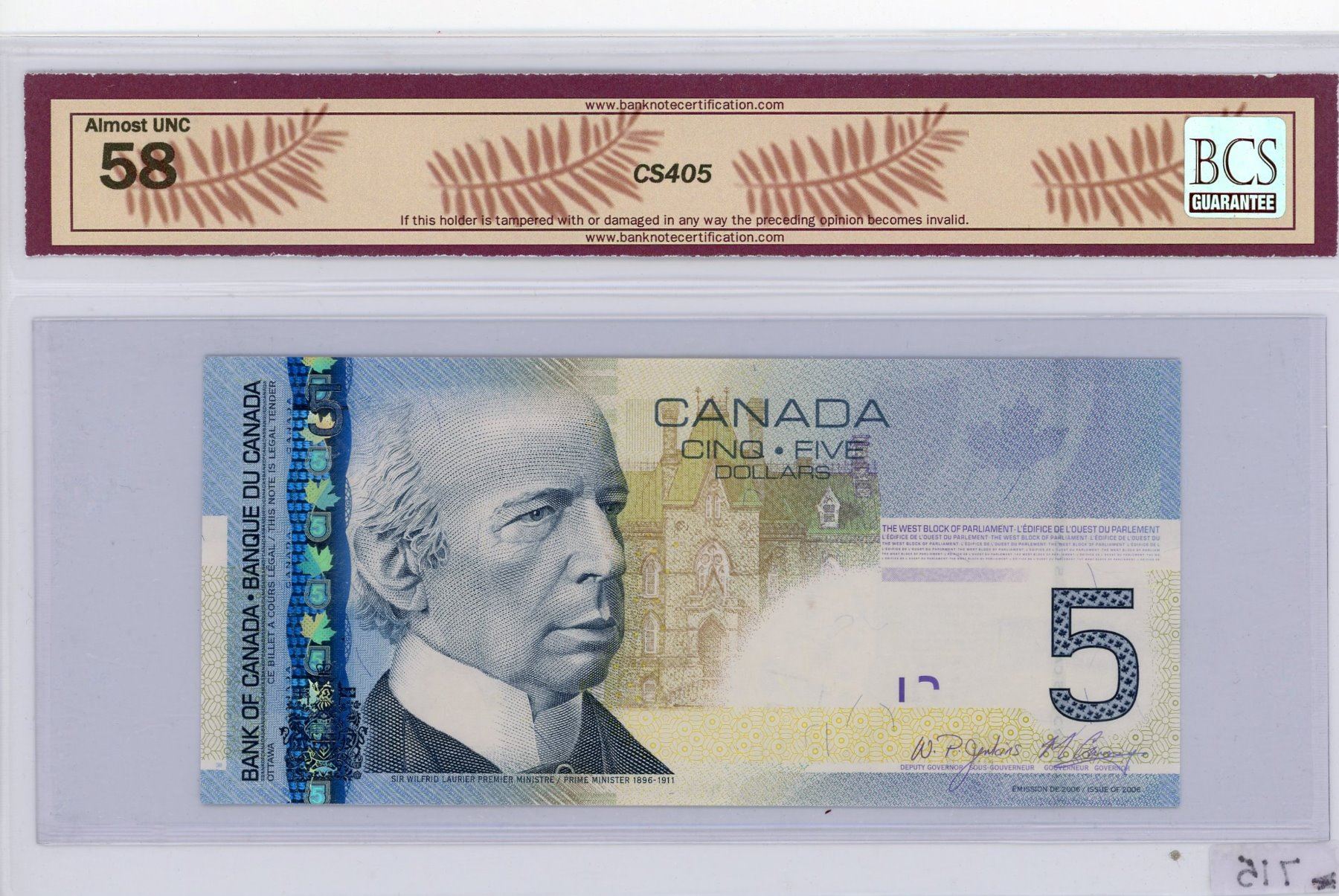 FIVE DOLLAR BILL CANADA BCS GRADED 2006 Schmalz Auctions FIVE DOLLAR BILL CANADA BCS GRADED 2006 Schmalz Auctions