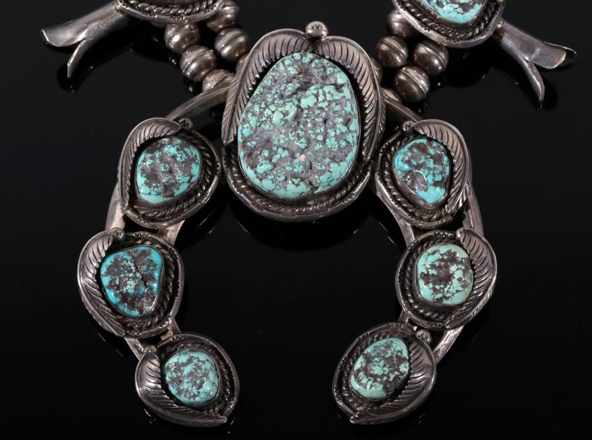 Navajo Kingman Spiderweb Turquoise Squash Blossom