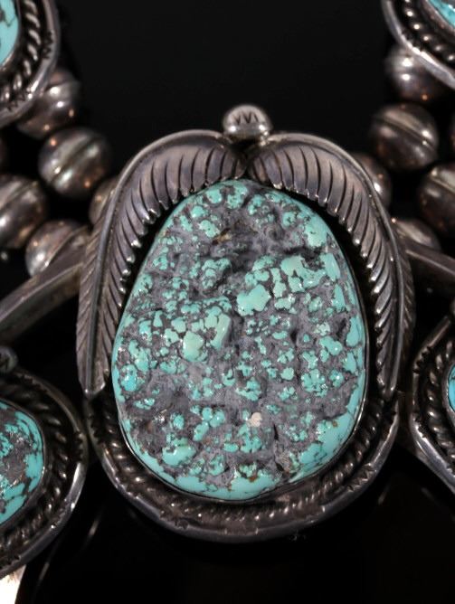 Navajo Kingman Spiderweb Turquoise Squash Blossom