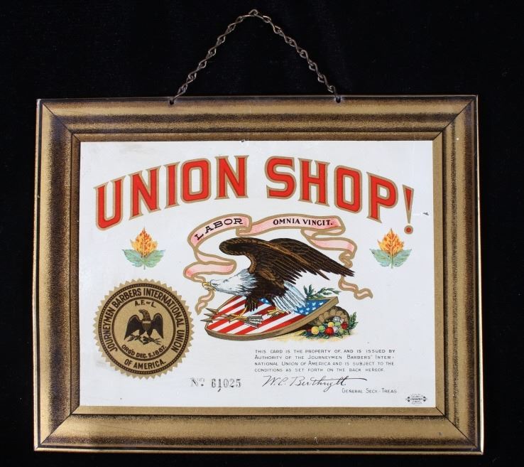 Barber Shop Union Shop Lithograph Tin Sign c 1900s