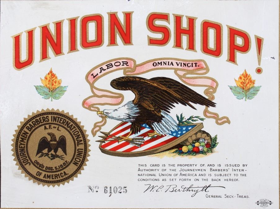 Barber Shop Union Shop Lithograph Tin Sign c 1900s