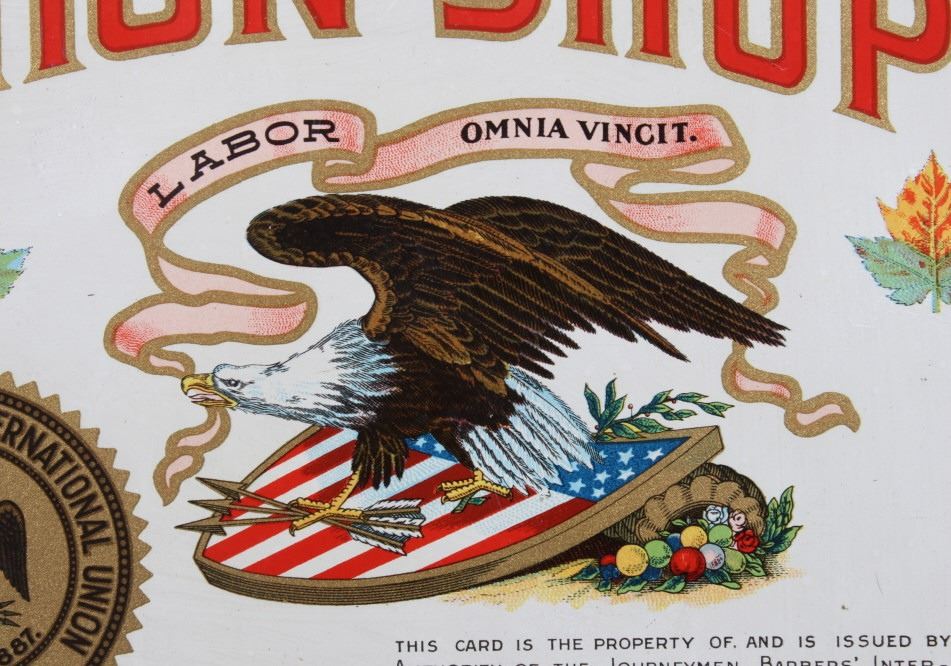 Barber Shop Union Shop Lithograph Tin Sign c 1900s