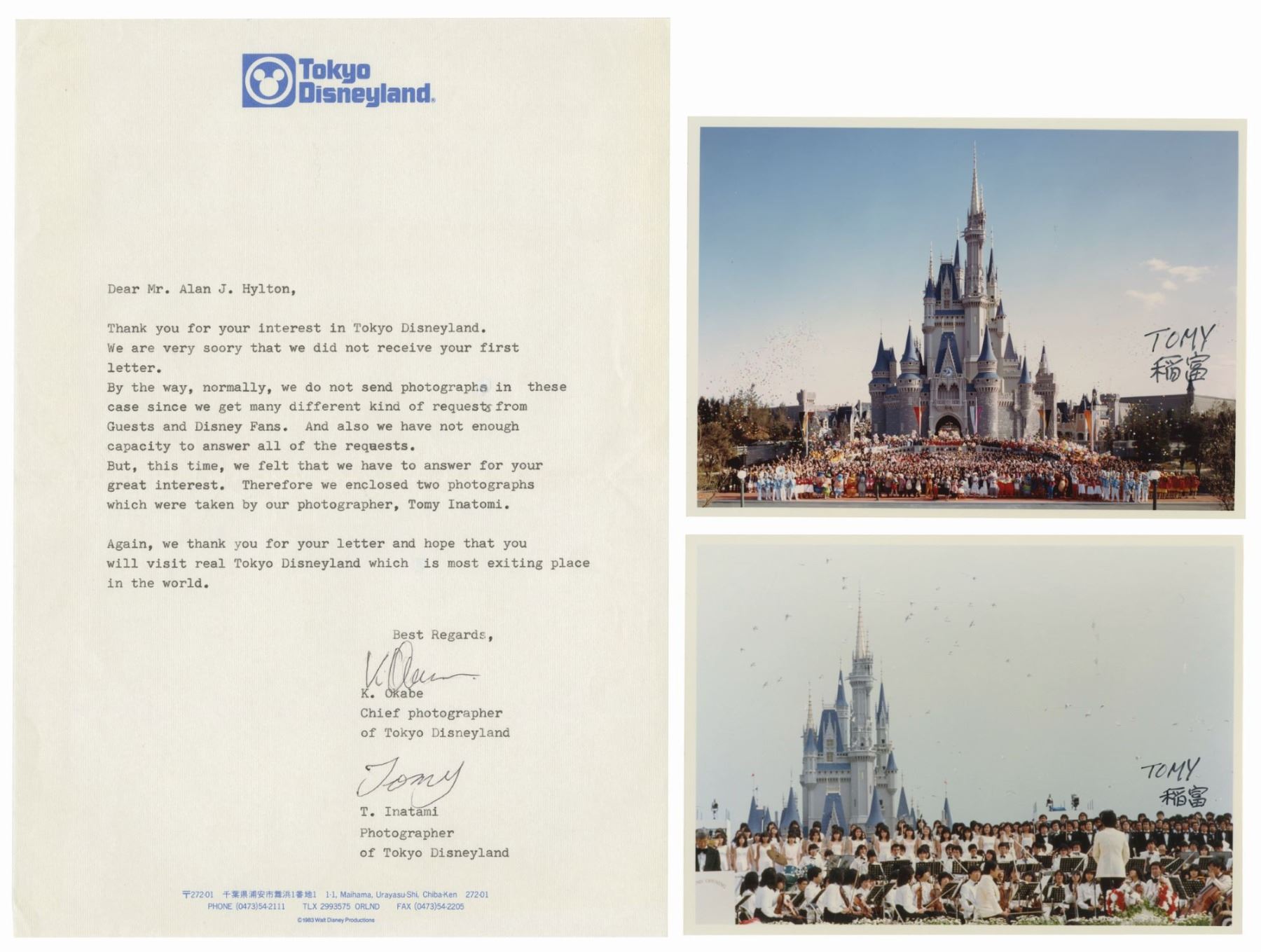 Pair of Tokyo Disneyland Photos & Letter. - Van Eaton Galleries