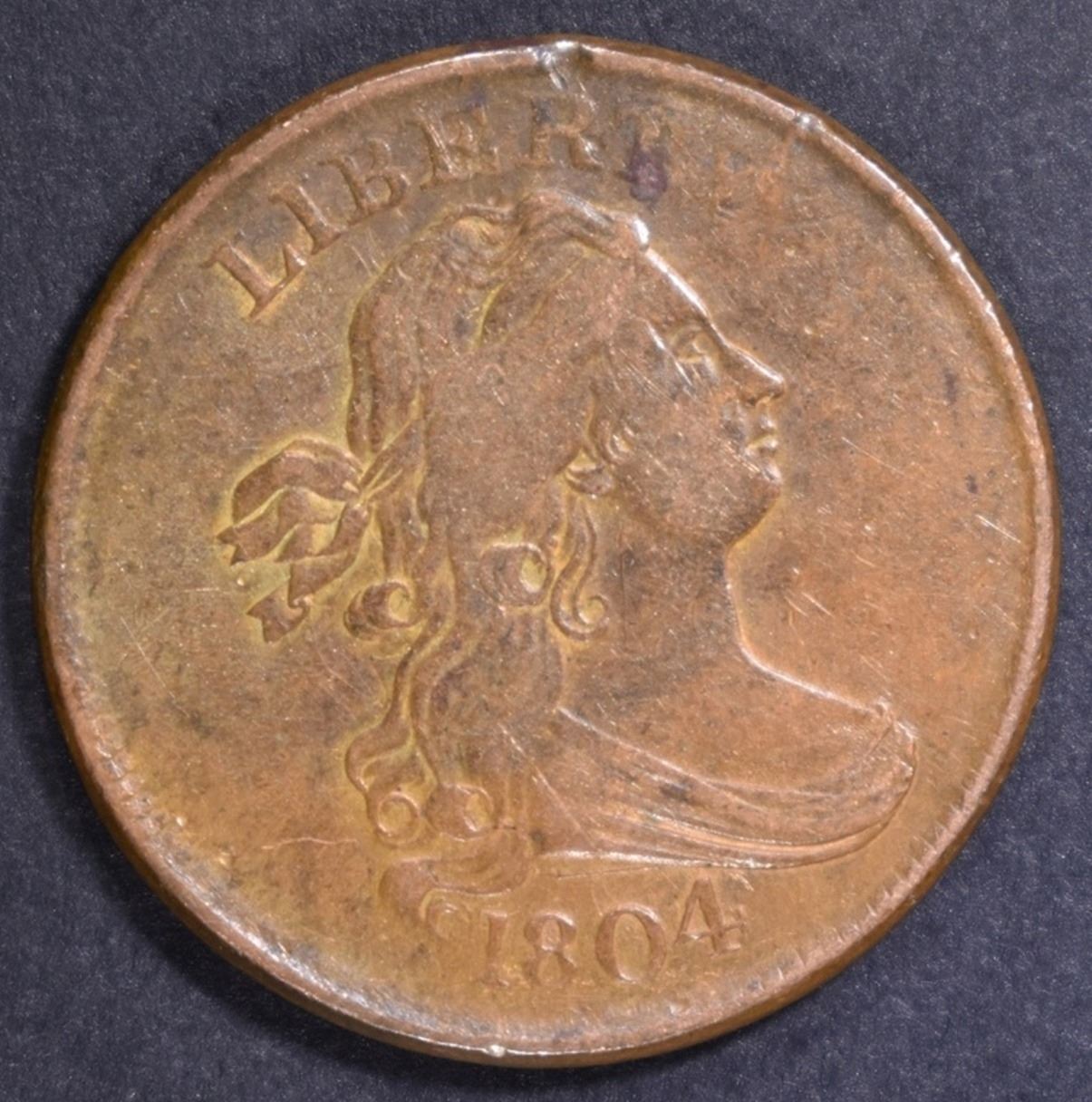 1804 HALF CENT AU CROSSLET 4, NO STEM