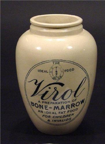 Stoneware Virol Bone Marrow food jar with printed decoration, 25cm high
