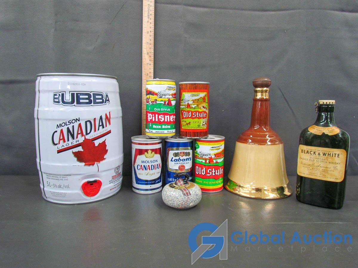 Bell's Scotch Whisky Bottle, (4) Vintage Beer Cans, Tins