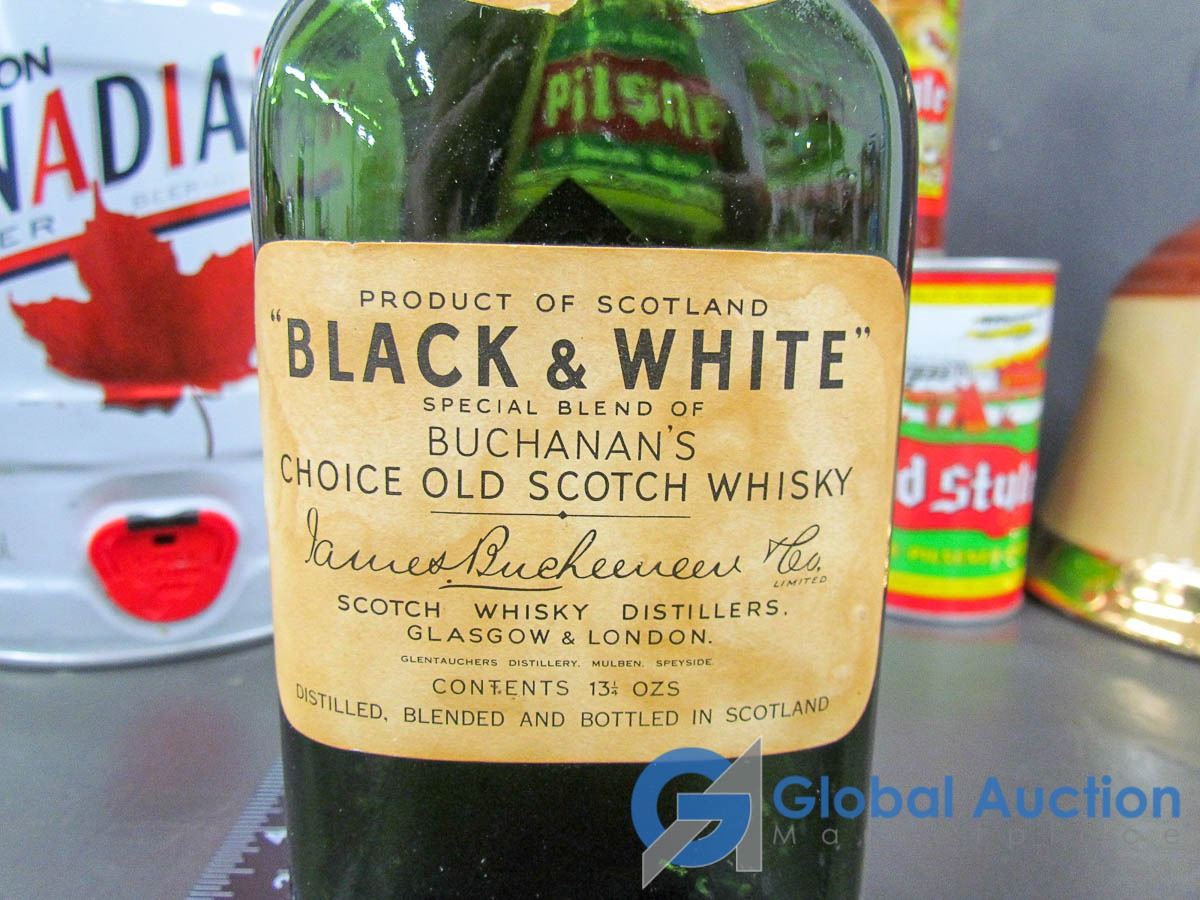 Bell's Scotch Whisky Bottle, (4) Vintage Beer Cans, Tins