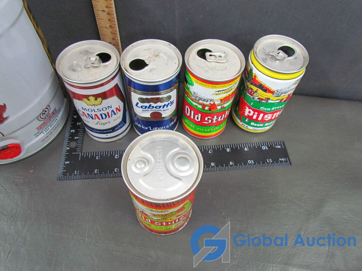 Bell's Scotch Whisky Bottle, (4) Vintage Beer Cans, Tins