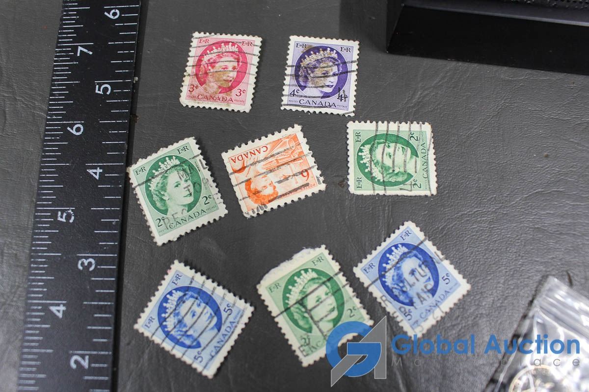 Box of Old Coins, Stamps, Some Jewelry