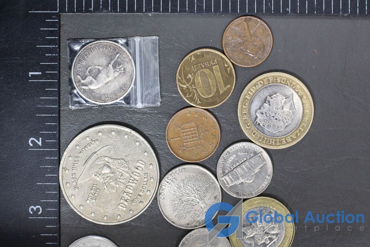 Box of Old Coins, Stamps, Some Jewelry