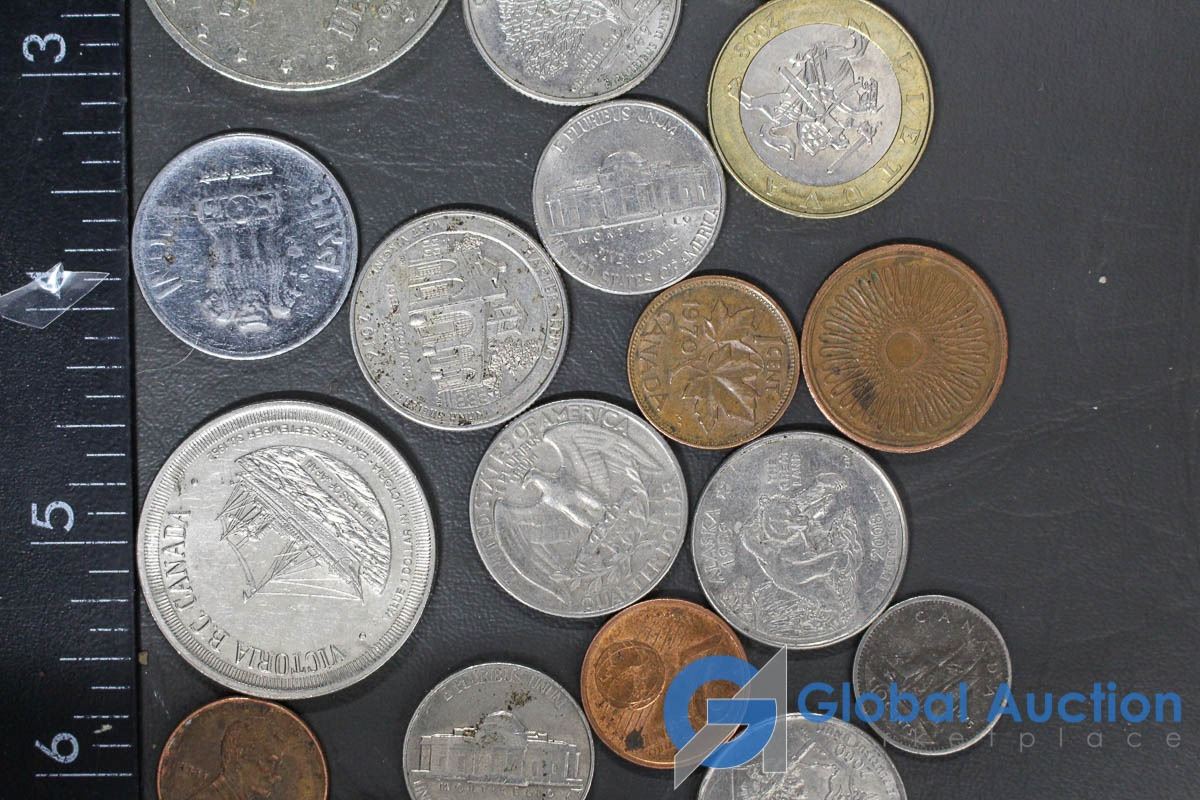 Box of Old Coins, Stamps, Some Jewelry