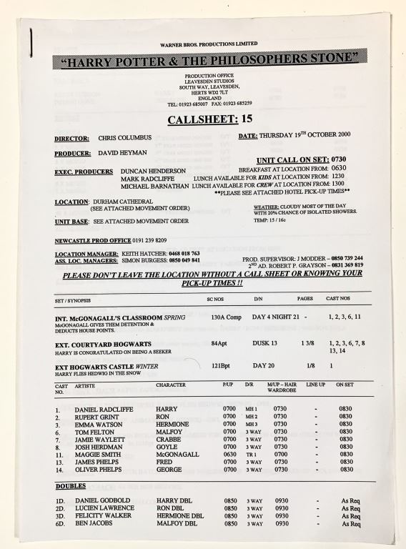 Harry Potter and the Sorcerer's Stone (2001) - Set of Two Call Sheets
