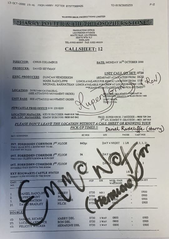 Harry Potter and the Sorcerer's Stone (2001) - On-Set Signed Call Sheet ...