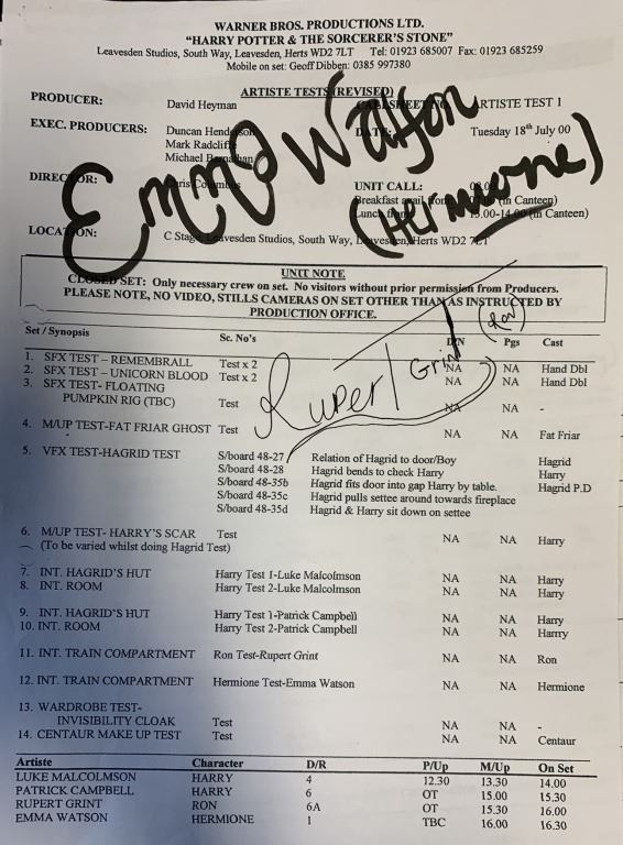 Harry Potter and the Sorcerer's Stone (2001) - On-Set Signed Call Sheet ...