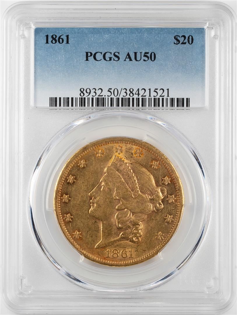 1861 $20 Liberty Head Double Eagle Gold Coin PCGS AU50