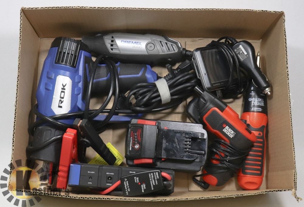 BOX WITH DREMEL, MILWAUKEE BATTERY, HEAT GUN.