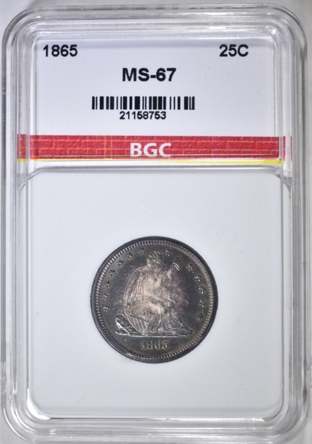 1865 SEATED LIBERTY QUARTER BGC SUPERB GEM