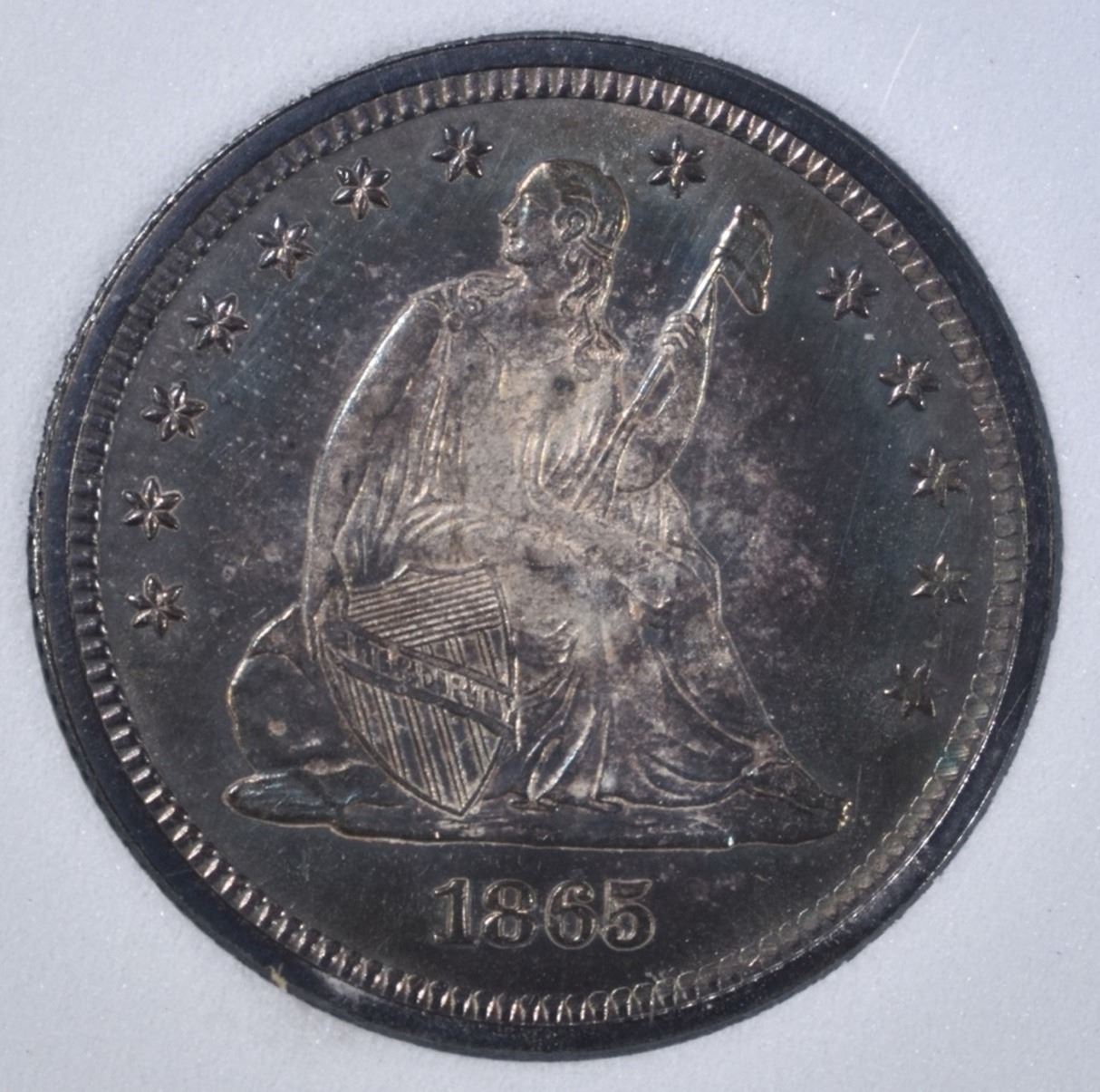 1865 SEATED LIBERTY QUARTER BGC SUPERB GEM