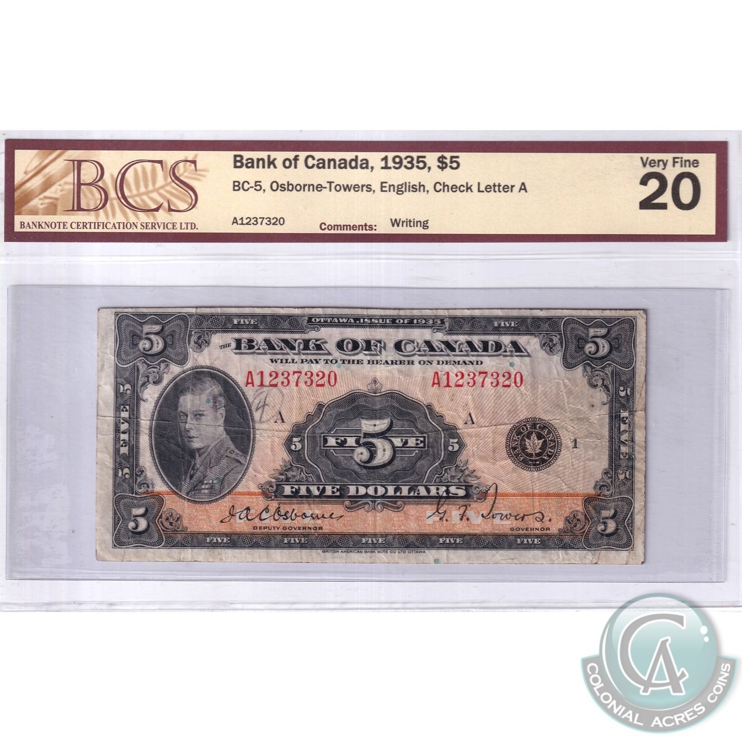 1935 $5 BC-5 Bank of Canada, Osborne-Towers, English, Check Letter A, S/N: A1237320, BCS Certified V