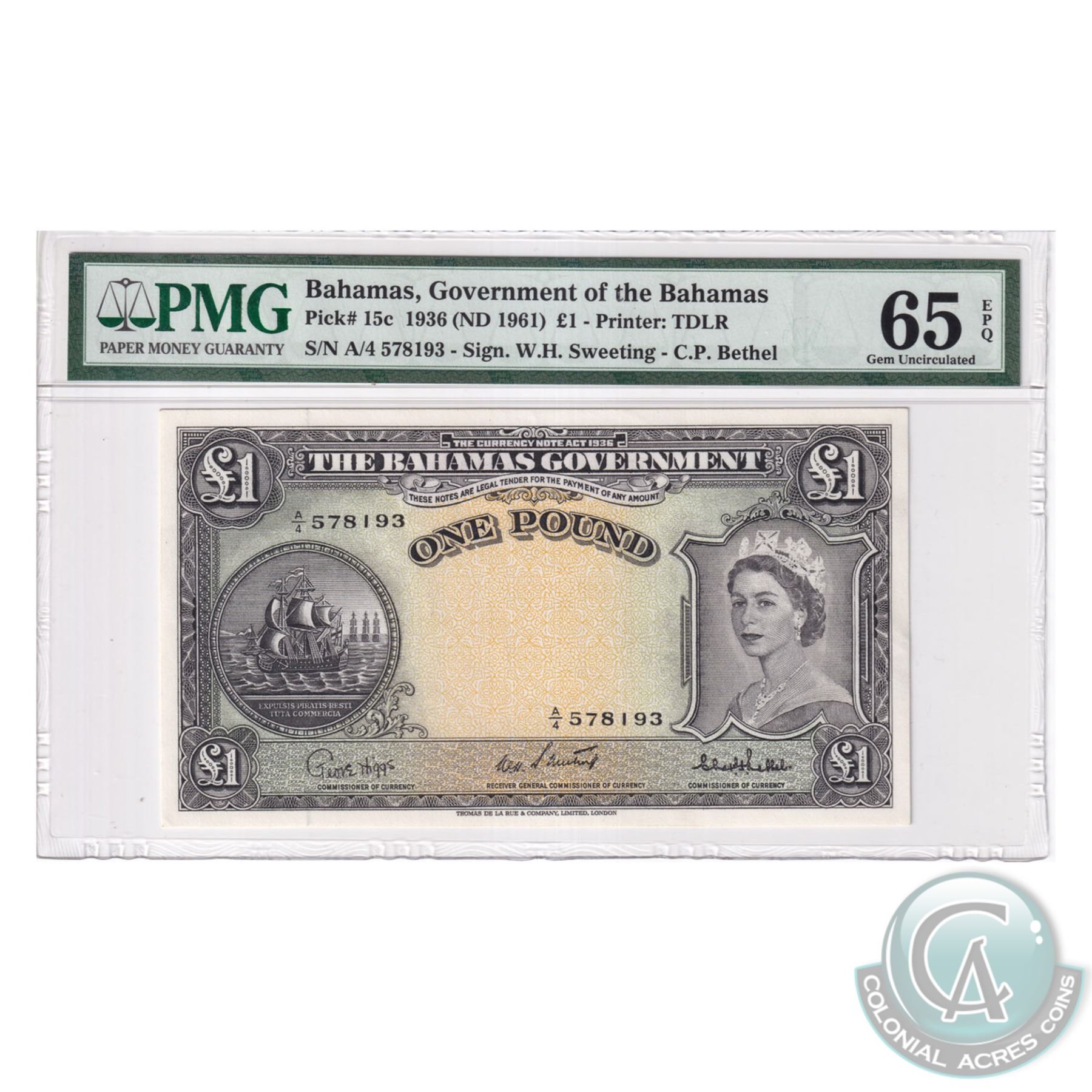 Bahamas 1961 The Bahama's Government One Pound, Pick#15c, Sweeting ...