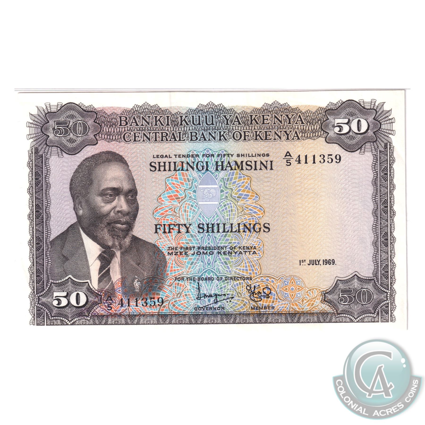 Kenya 1969 Central Bank 50 Shillings, Pick#9a, S/N: A/5 411359, Water ...