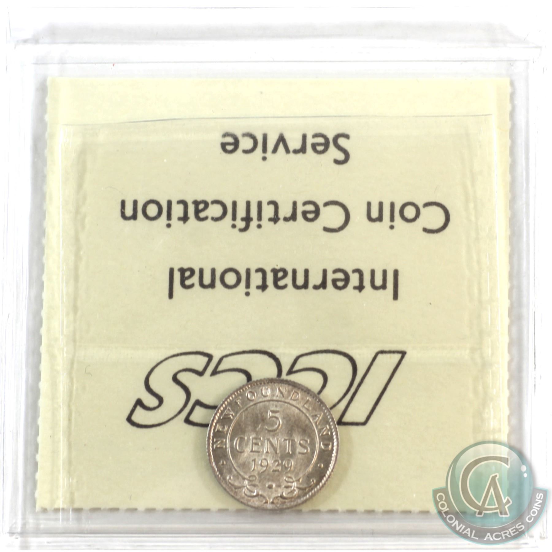Newfoundland 5-cent 1929 ICCS Certified MS-62. Bold Strike