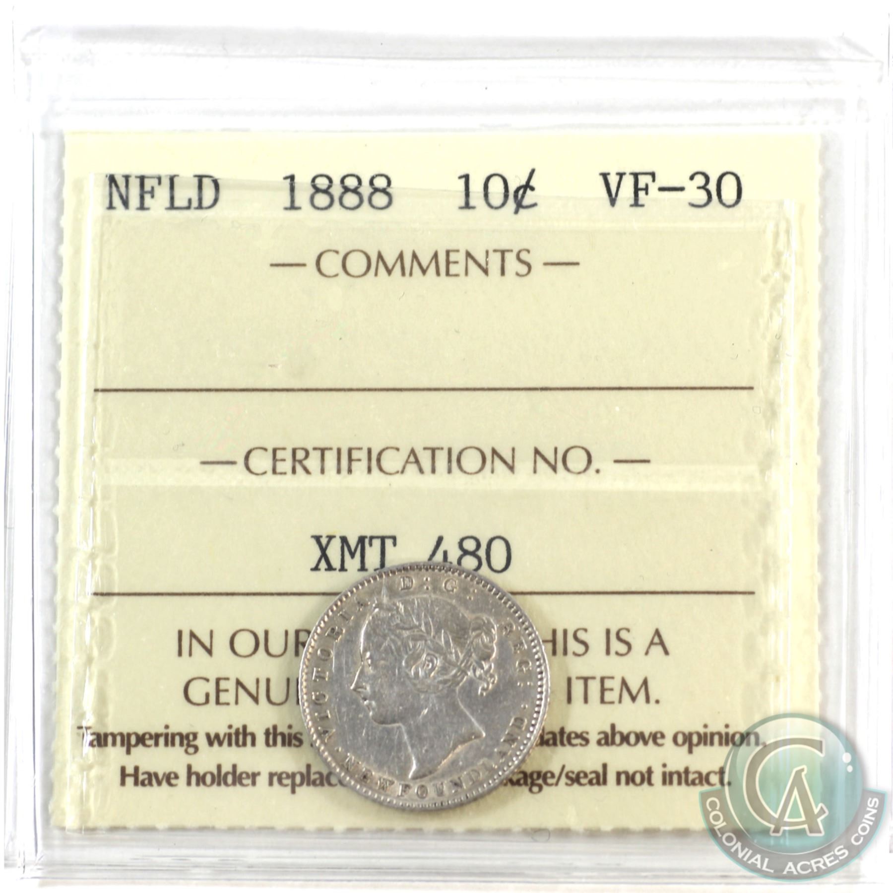 Newfoundland 10-cent 1888 ICCS Certified VF-30. Scarce coin!