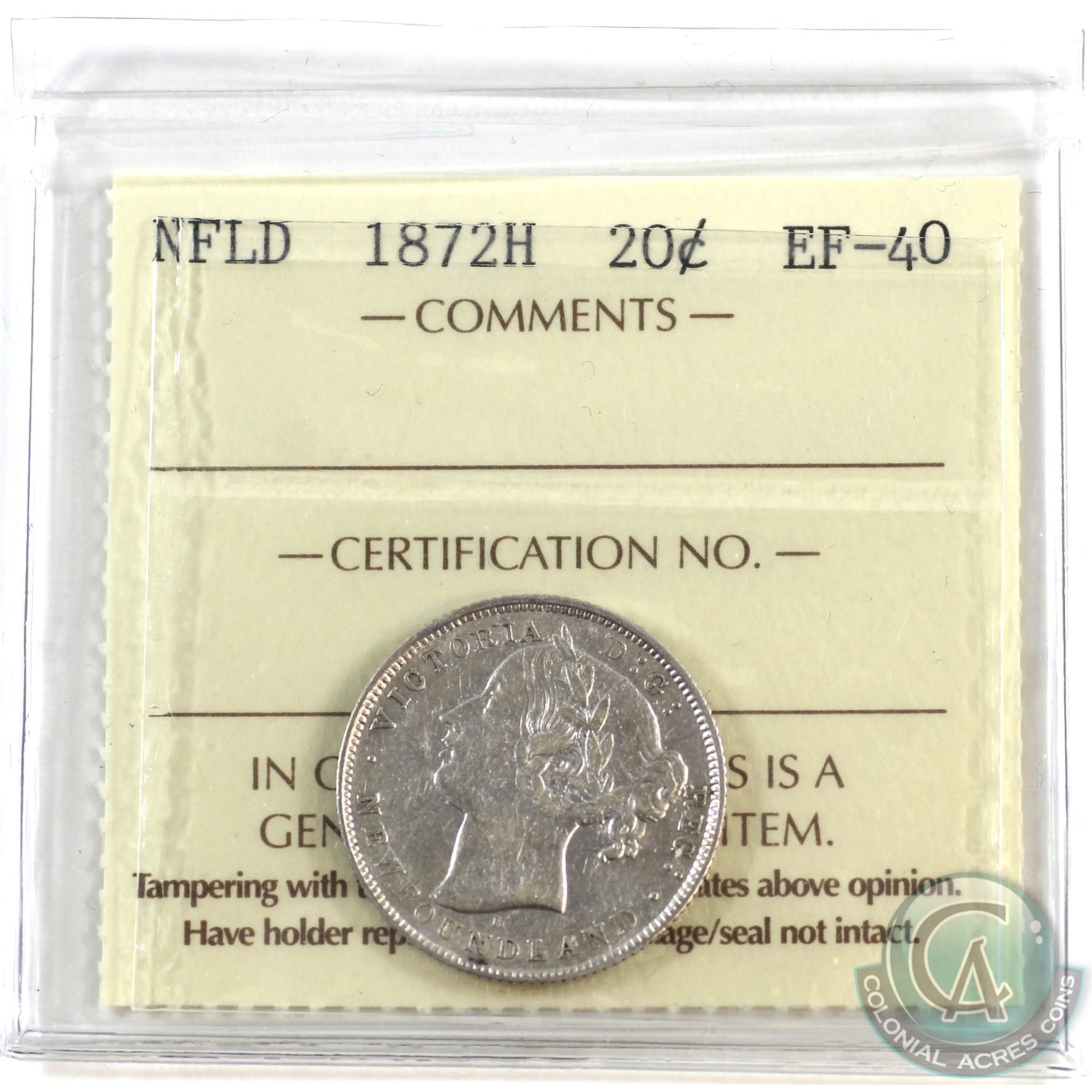 Newfoundland 20-cent 1872H ICCS Certified EF-40