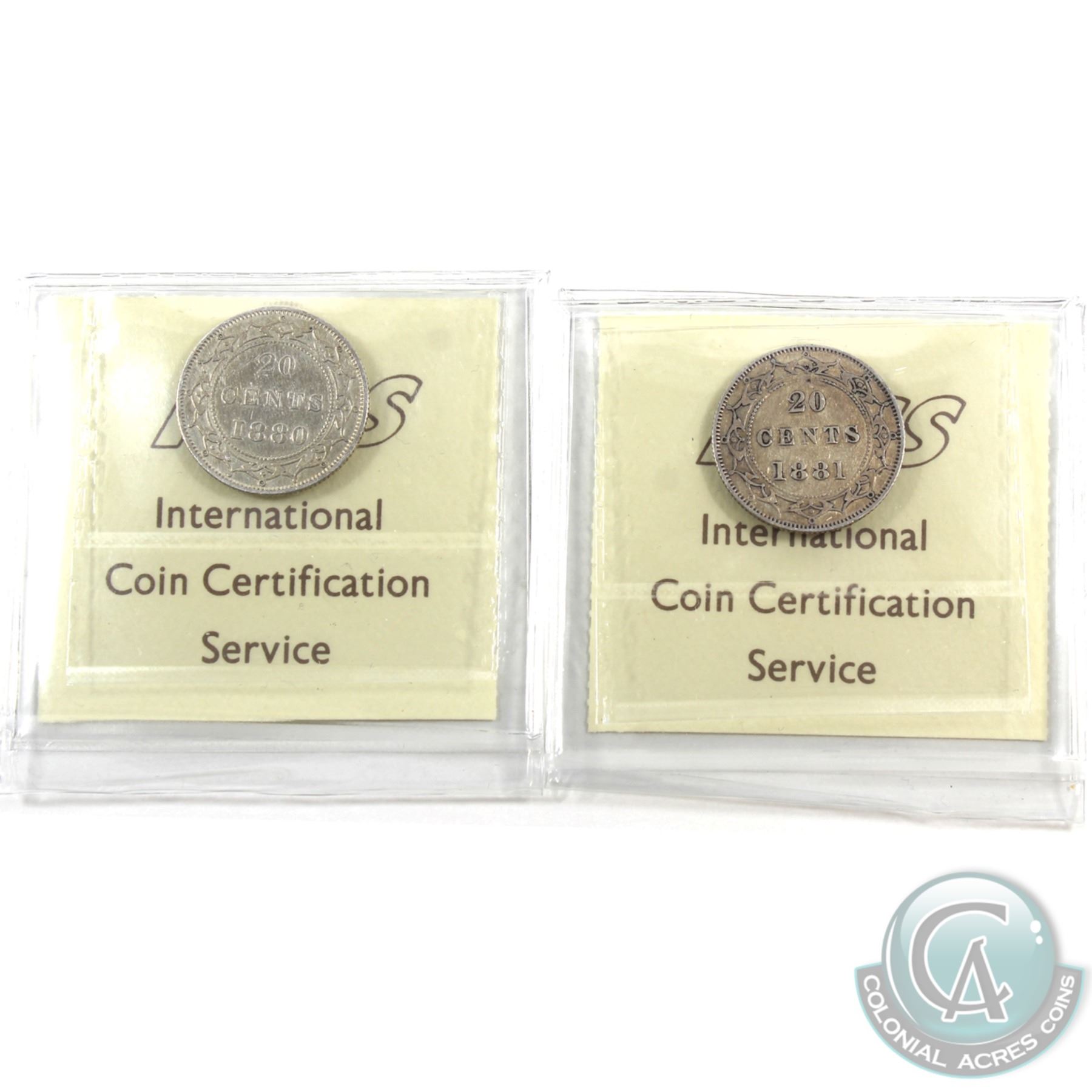 Newfoundland 20-cent 1880 & 1881 ICCS Certified VF-20. 2pcs