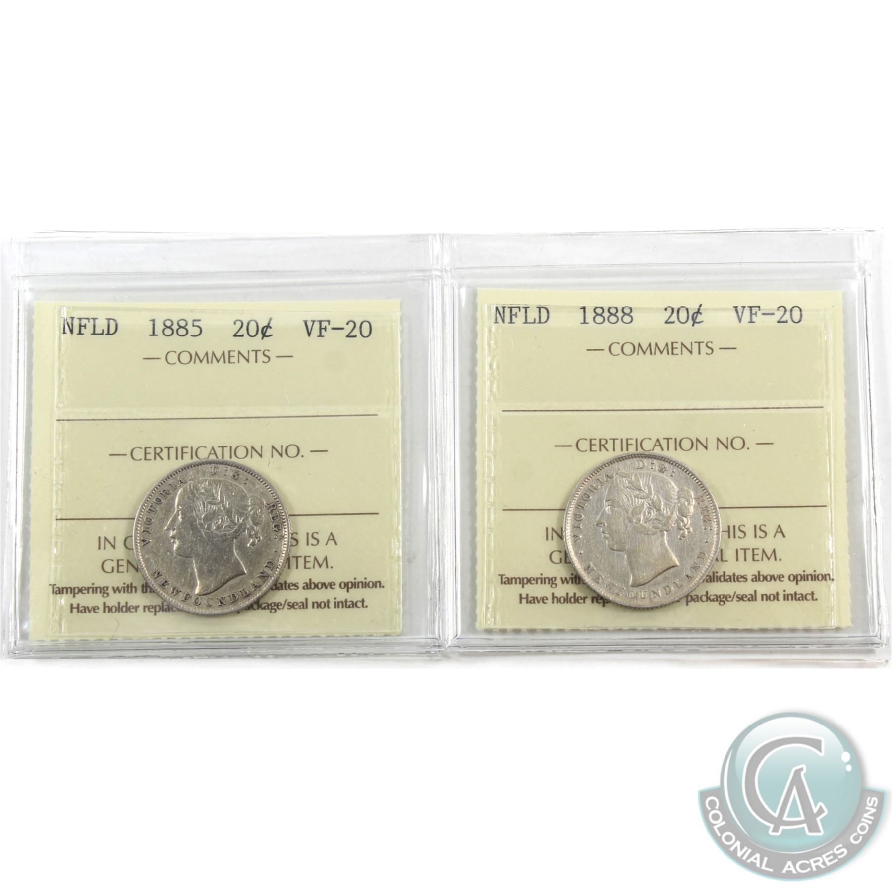 Newfoundland 20-cent 1885 & 1888 ICCS Certified VF-20. 2pcs