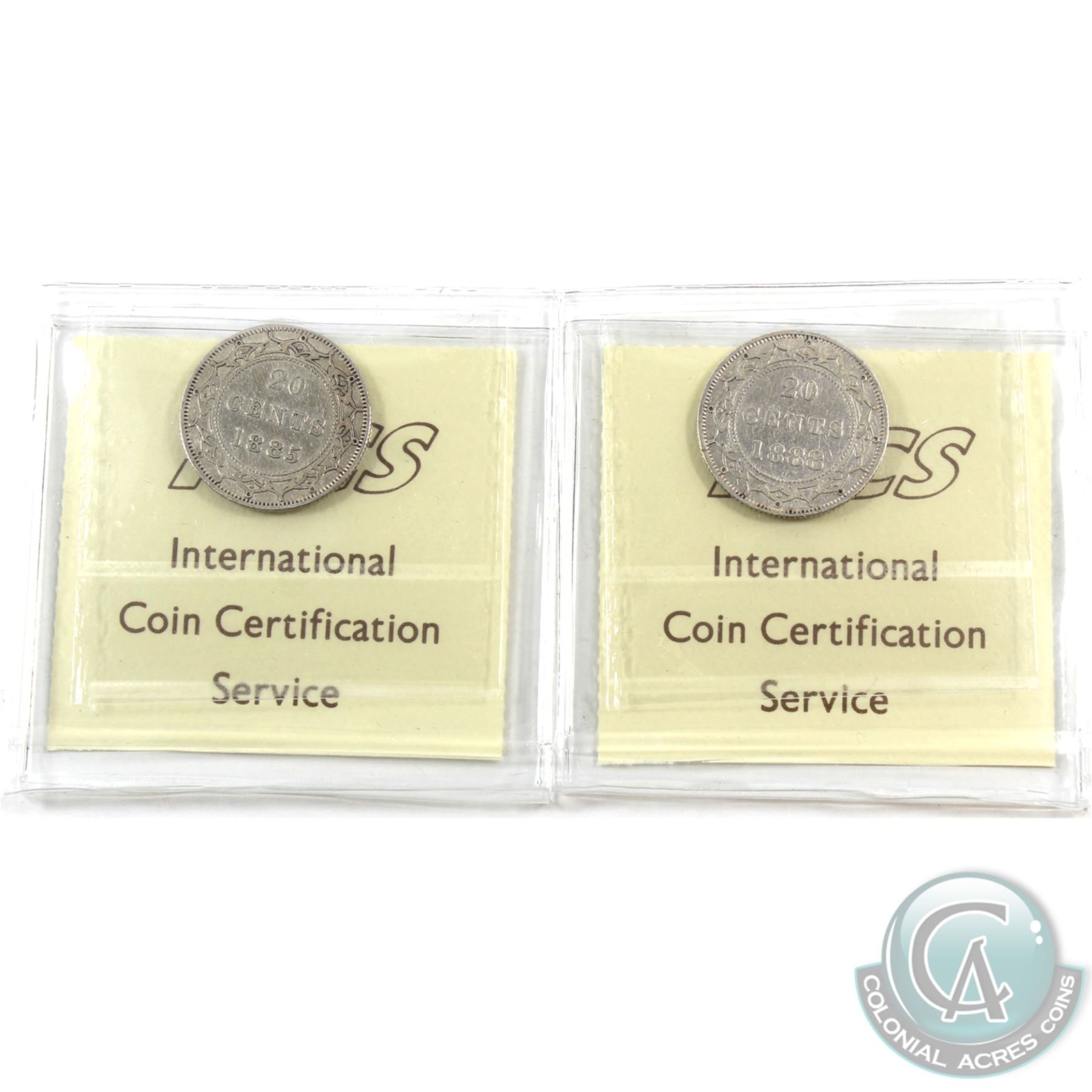 Newfoundland 20-cent 1885 & 1888 ICCS Certified VF-20. 2pcs
