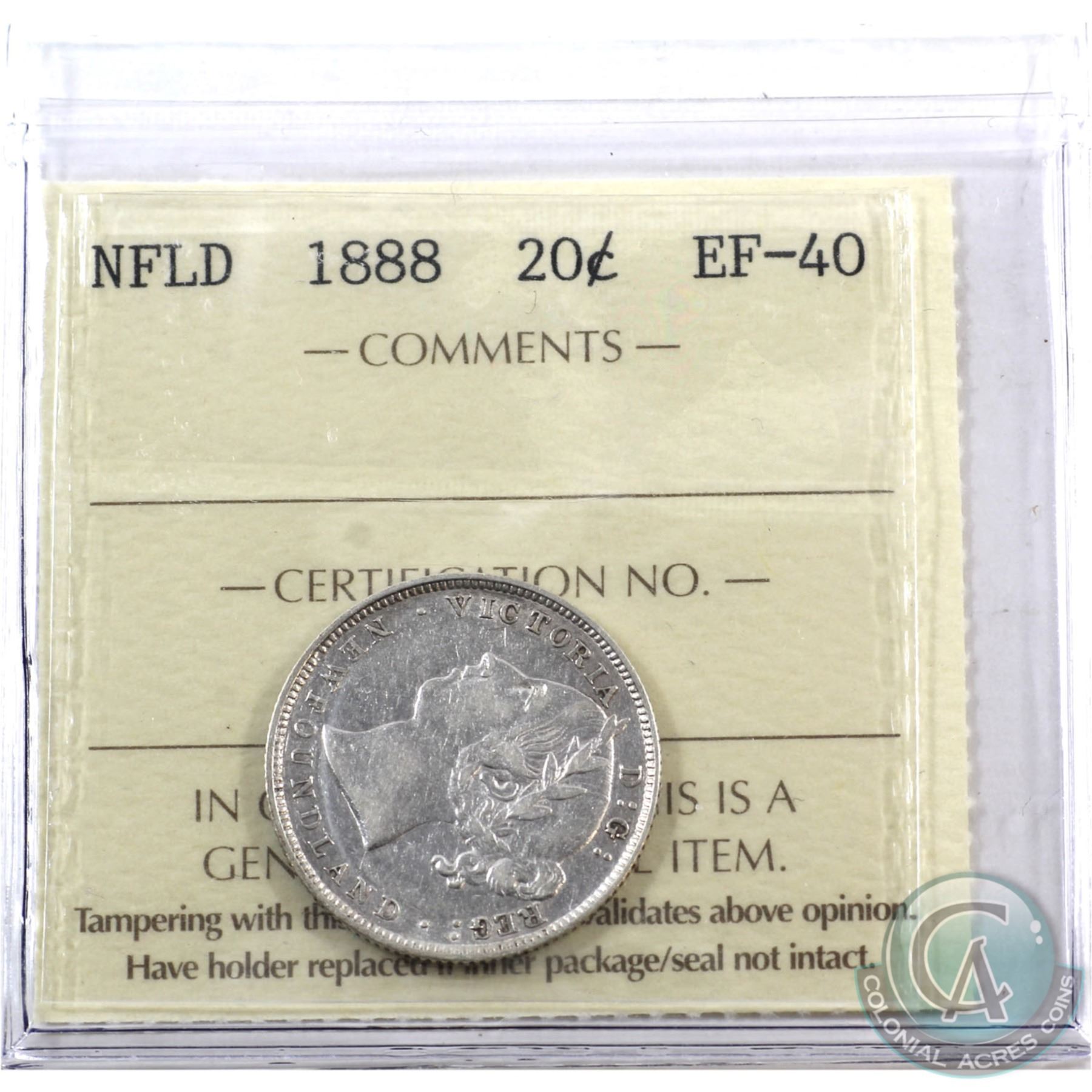 Newfoundland 20-cent 1888 ICCS Certified EF-40.