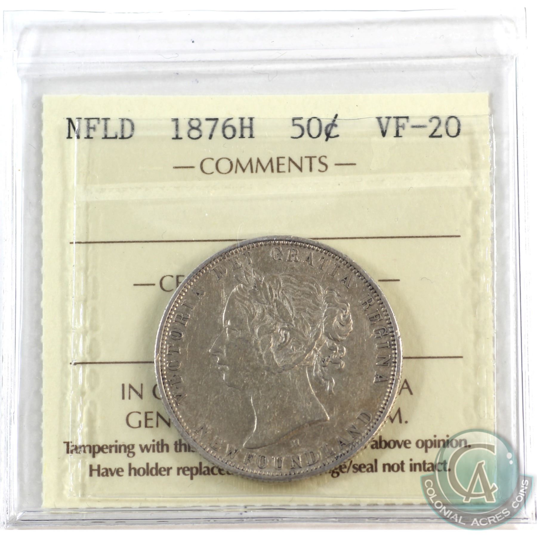 Newfoundland 50-cent 1876H ICCS Certified VF-20.