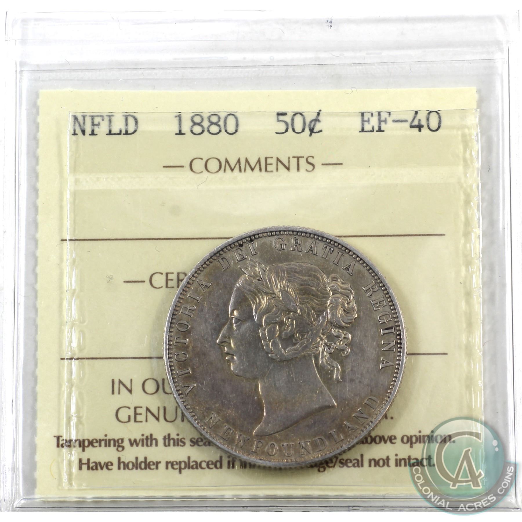 Newfoundland 50-cent 1880 ICCS Certified EF-40! Scarce in this grade!