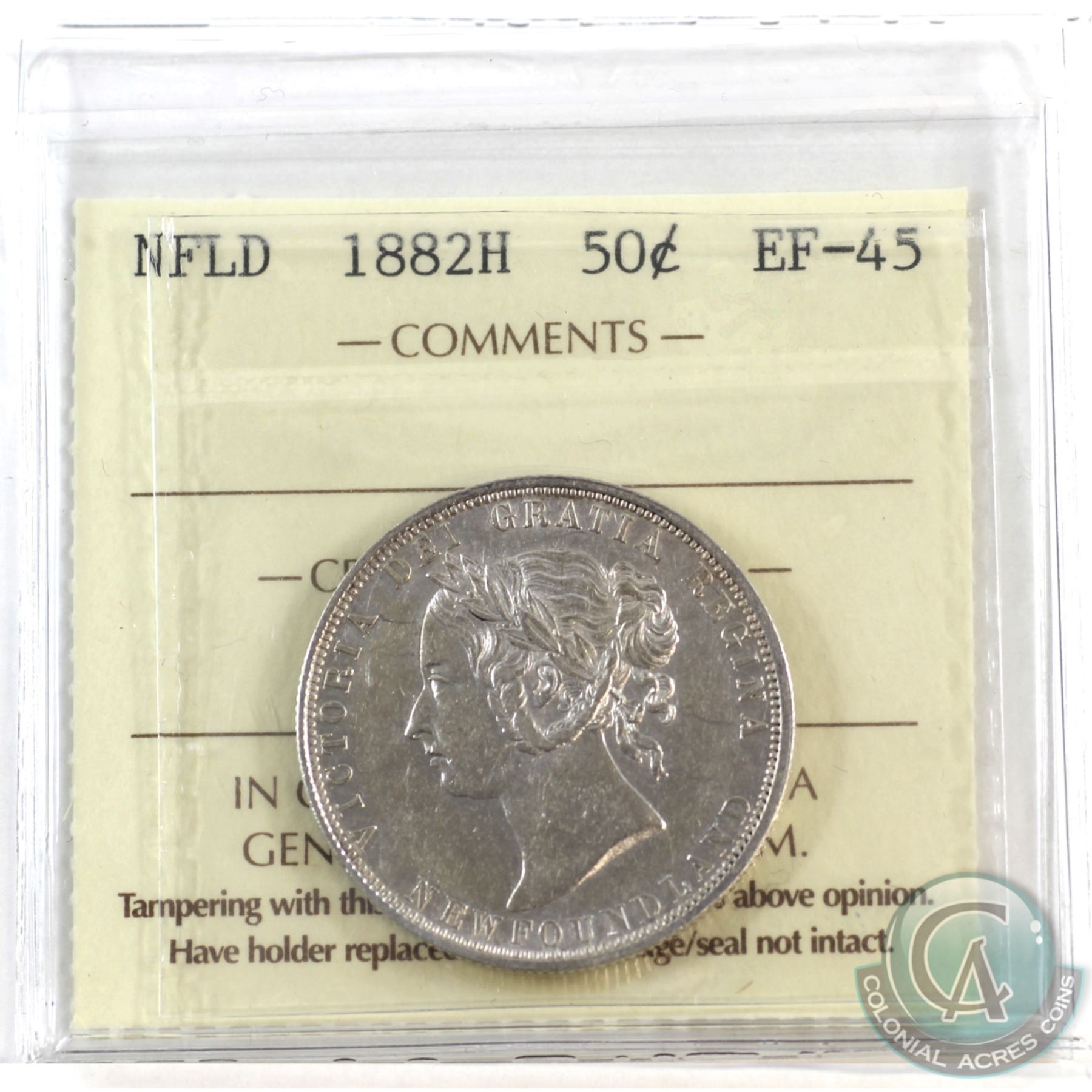 Newfoundland 50-cent 1882H ICCS Certified EF-45.