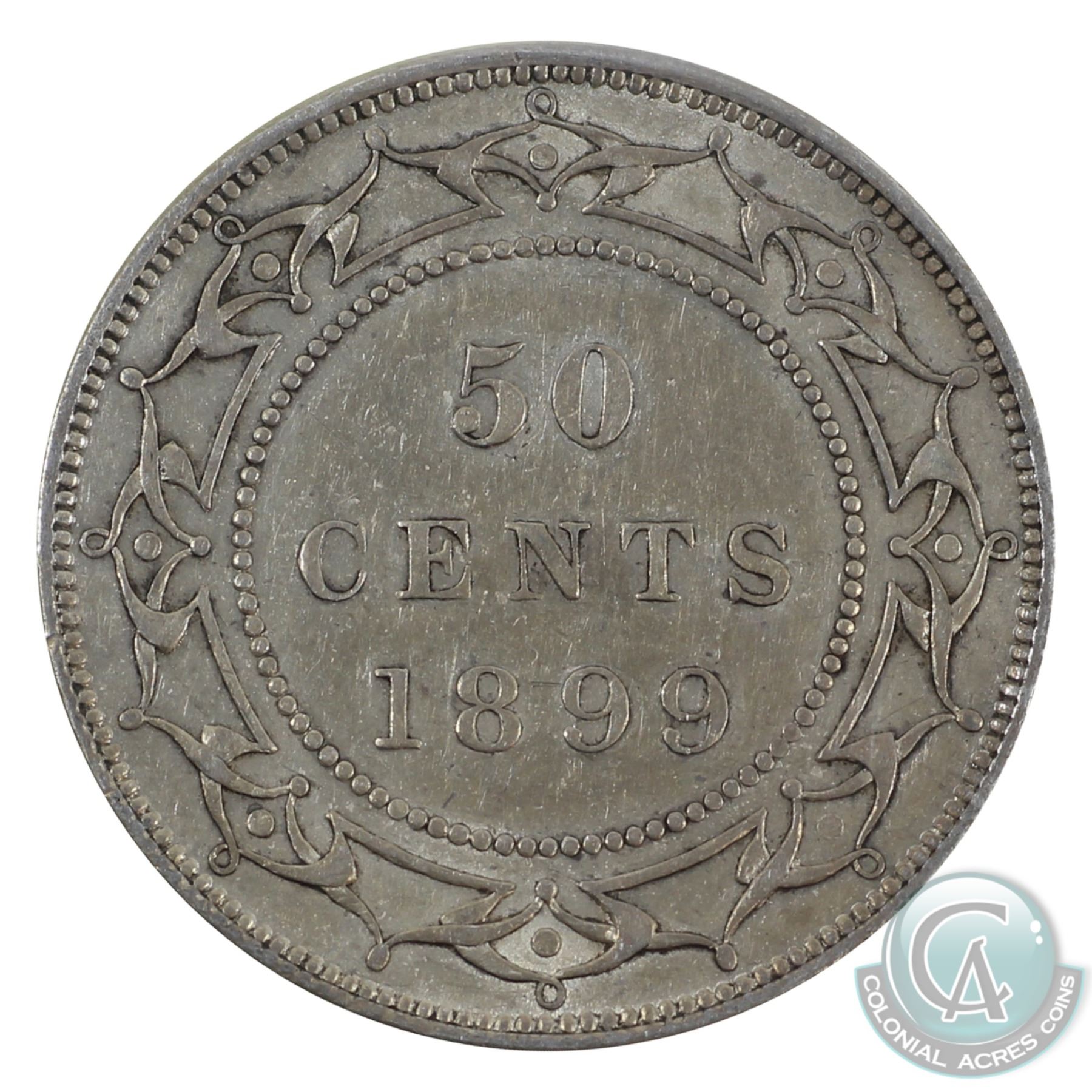 Newfoundland 50-cent 1899 Wide 9's ICCS Certified AU-50! Lightly toned with underlying lustre.