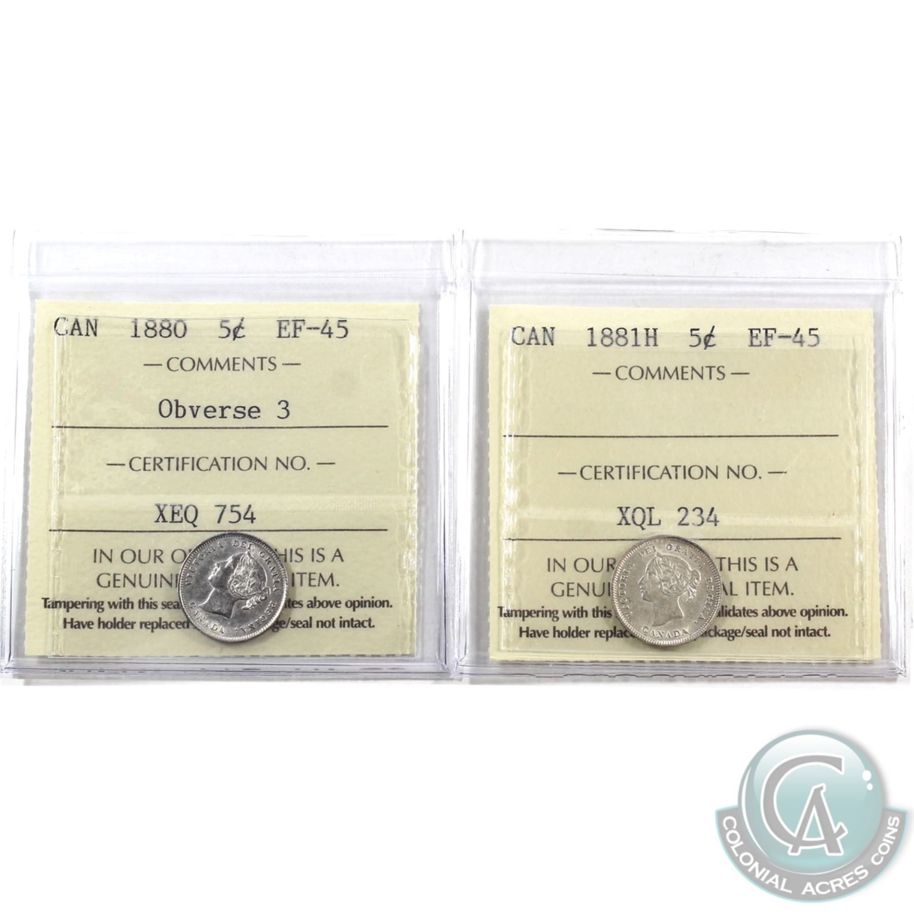 5-cent 1880H Obverse 3 EF-45 & 1881H EF-45 ICCS Certified. 2pcs