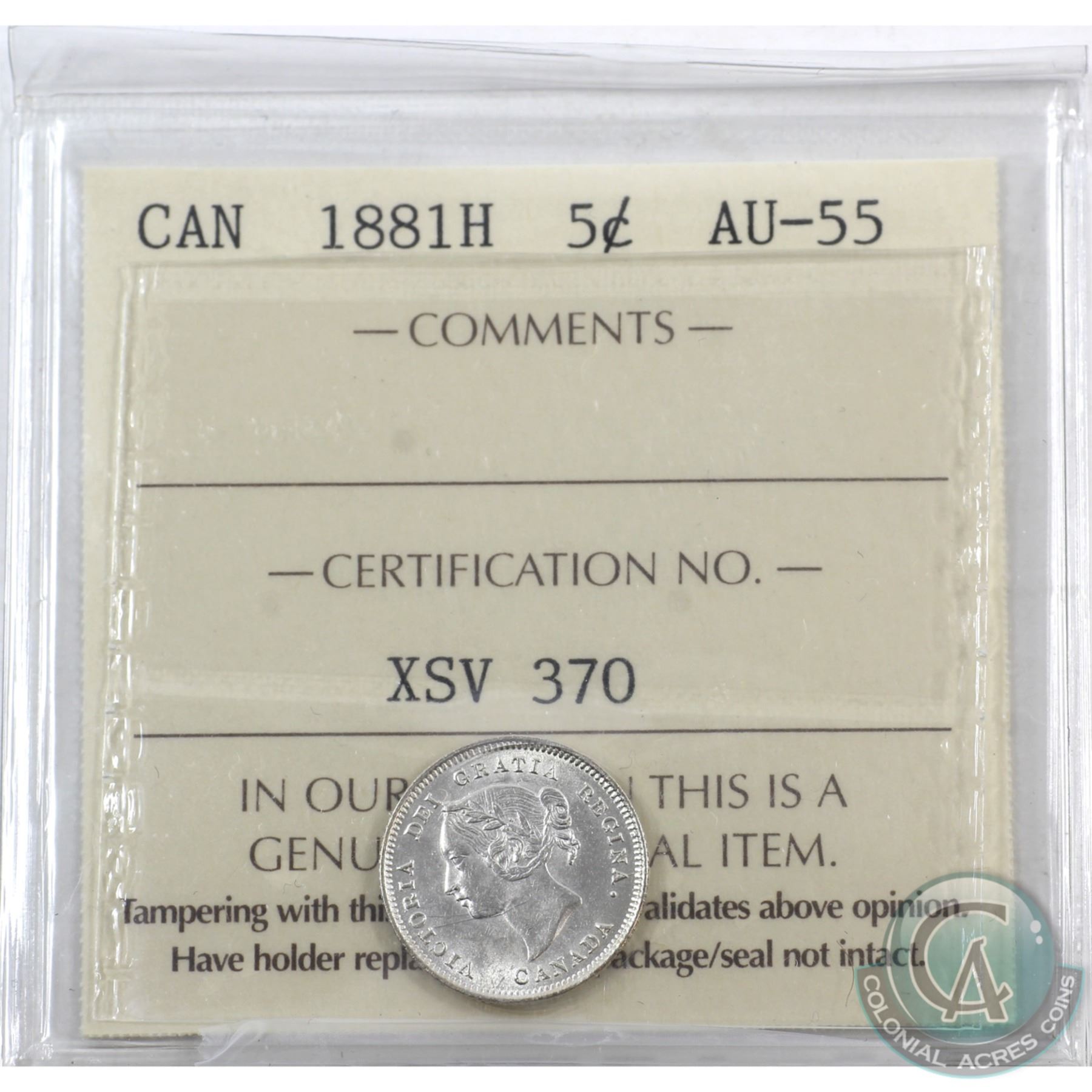 5-cent 1881H ICCS Certified AU-55. Bright vibrant coin.