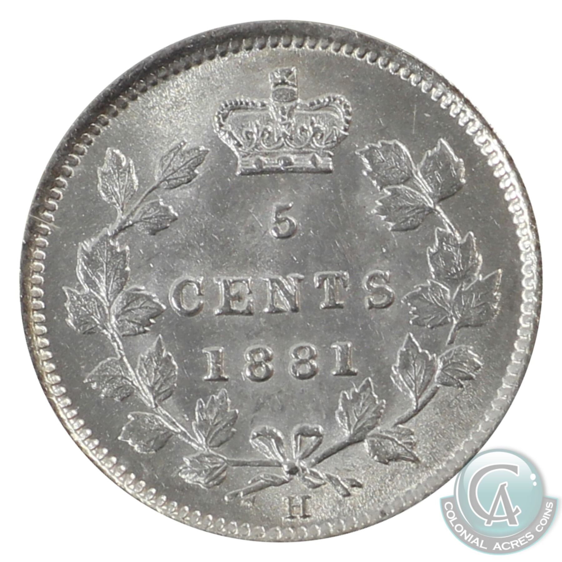 5-cent 1881H ICCS Certified AU-55. Bright vibrant coin.