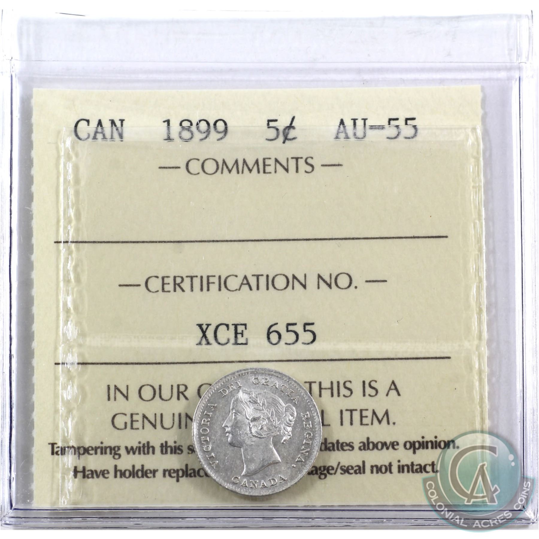 5-cent 1899 ICCS Certified AU-55