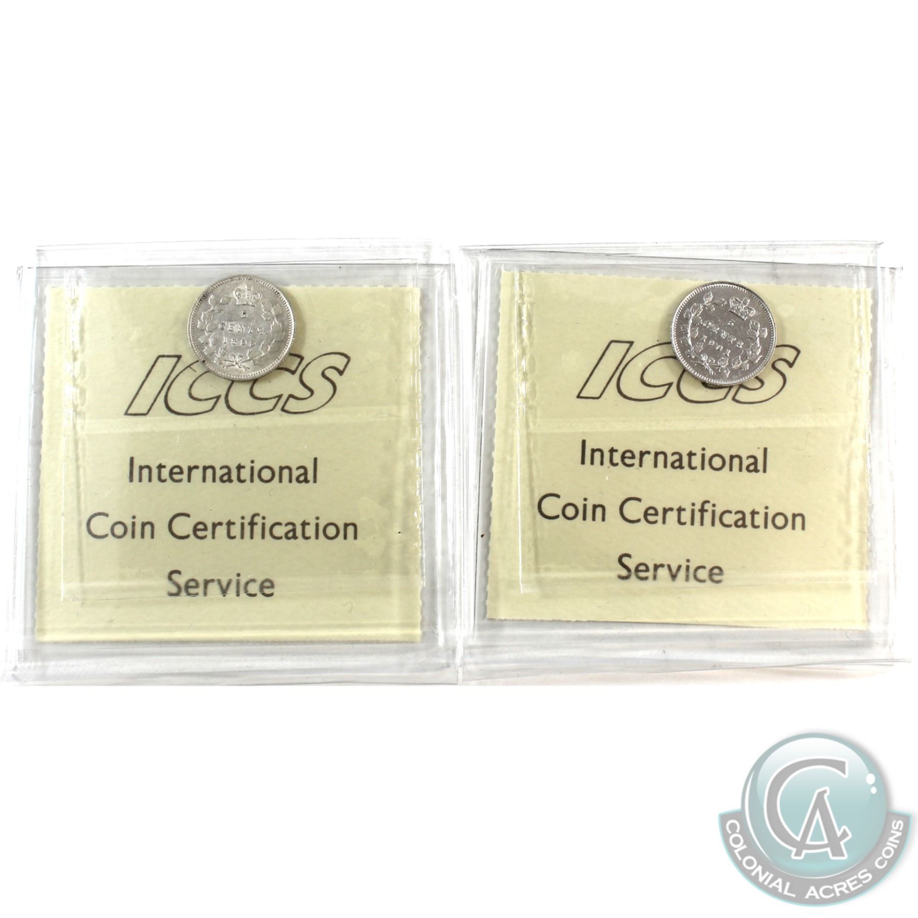5-cent 1899 & 1901 ICCS Certified AU-55. 2pcs. Original lustre, bright vibrant coins.