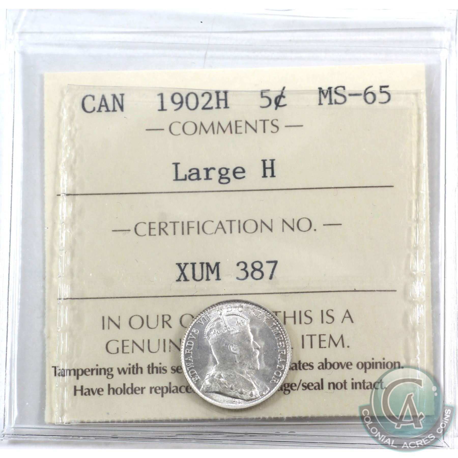 5-cent 1902H Large H ICCS Certified MS-65. Gem coin with caramel like lustre.