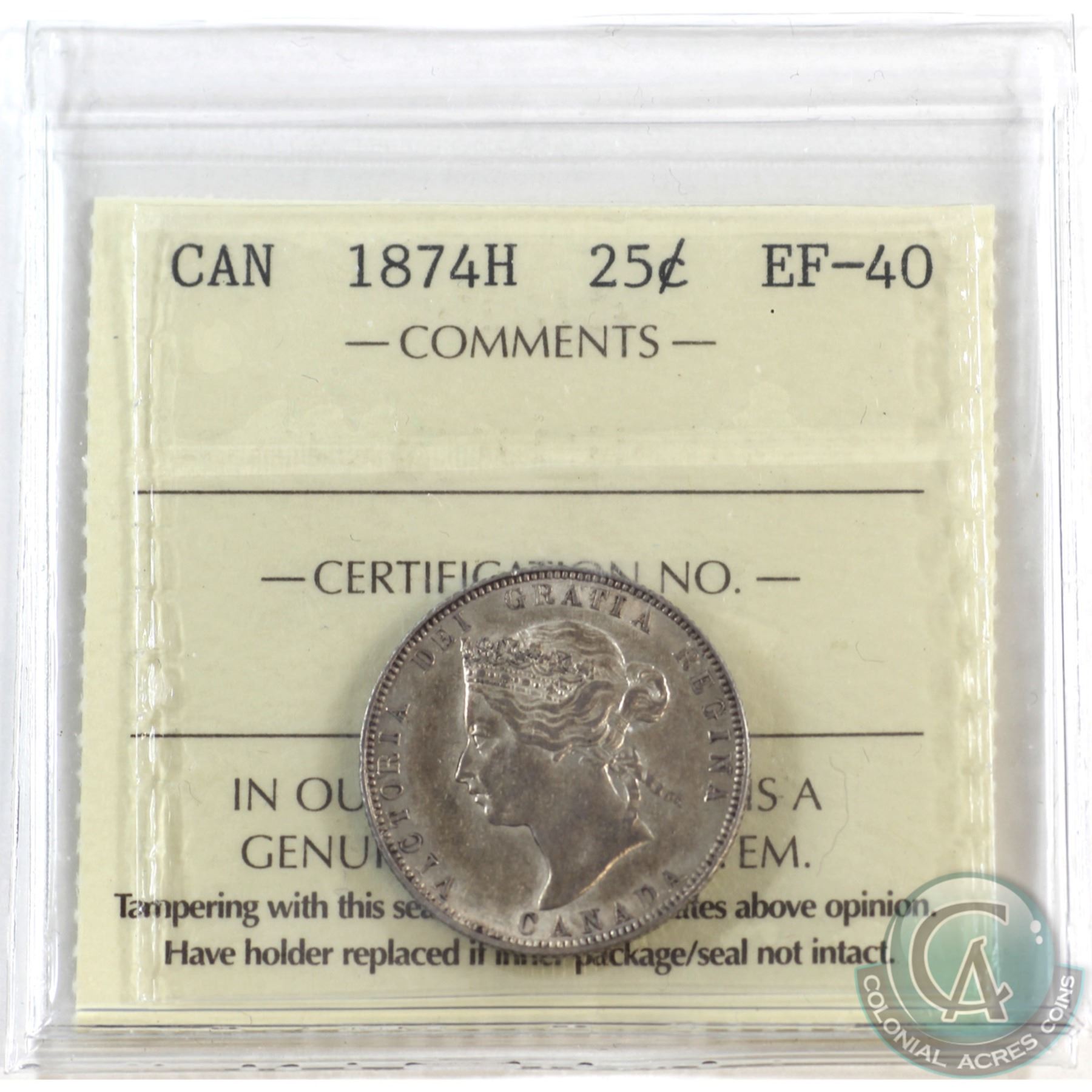 25-cent 1874H ICCS Certified EF-40. A soft grey patina with lots of underlying mint lustre.