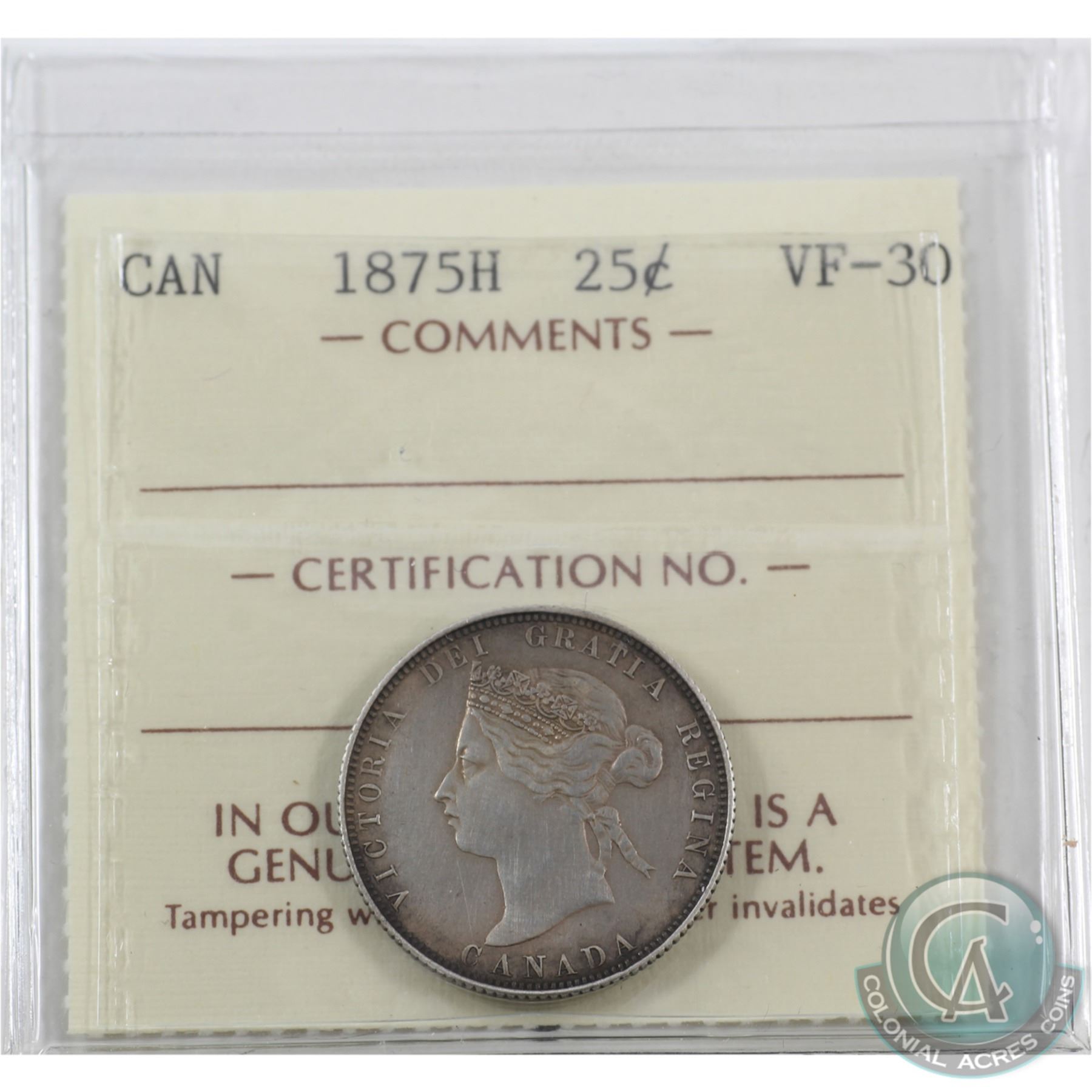 25-cent 1875H ICCS Certified VF-30. Stunning vintage toning! Shows better than grade.