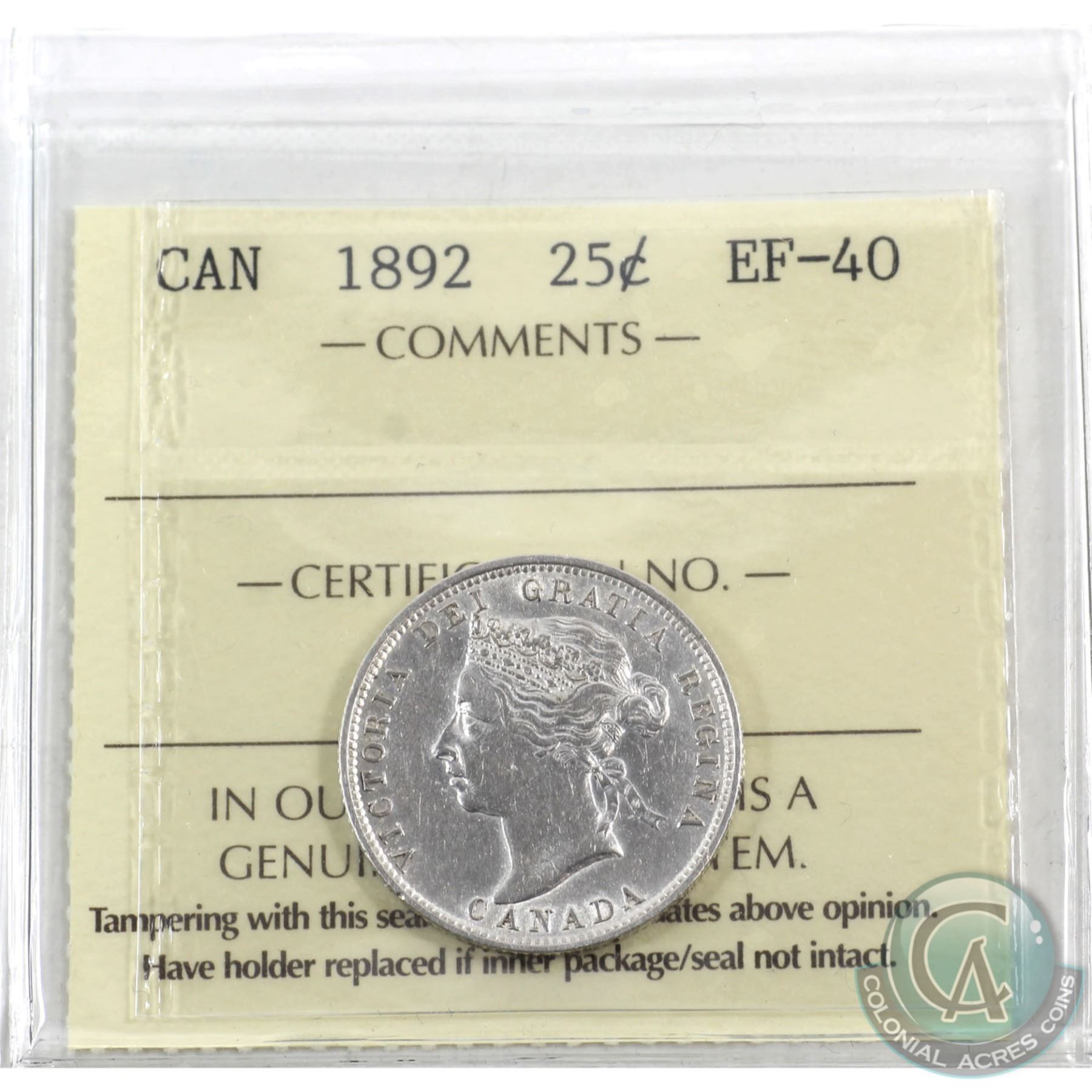 25-cent 1892 ICCS Certified EF-40. A nice mid-grade Victorian coin!