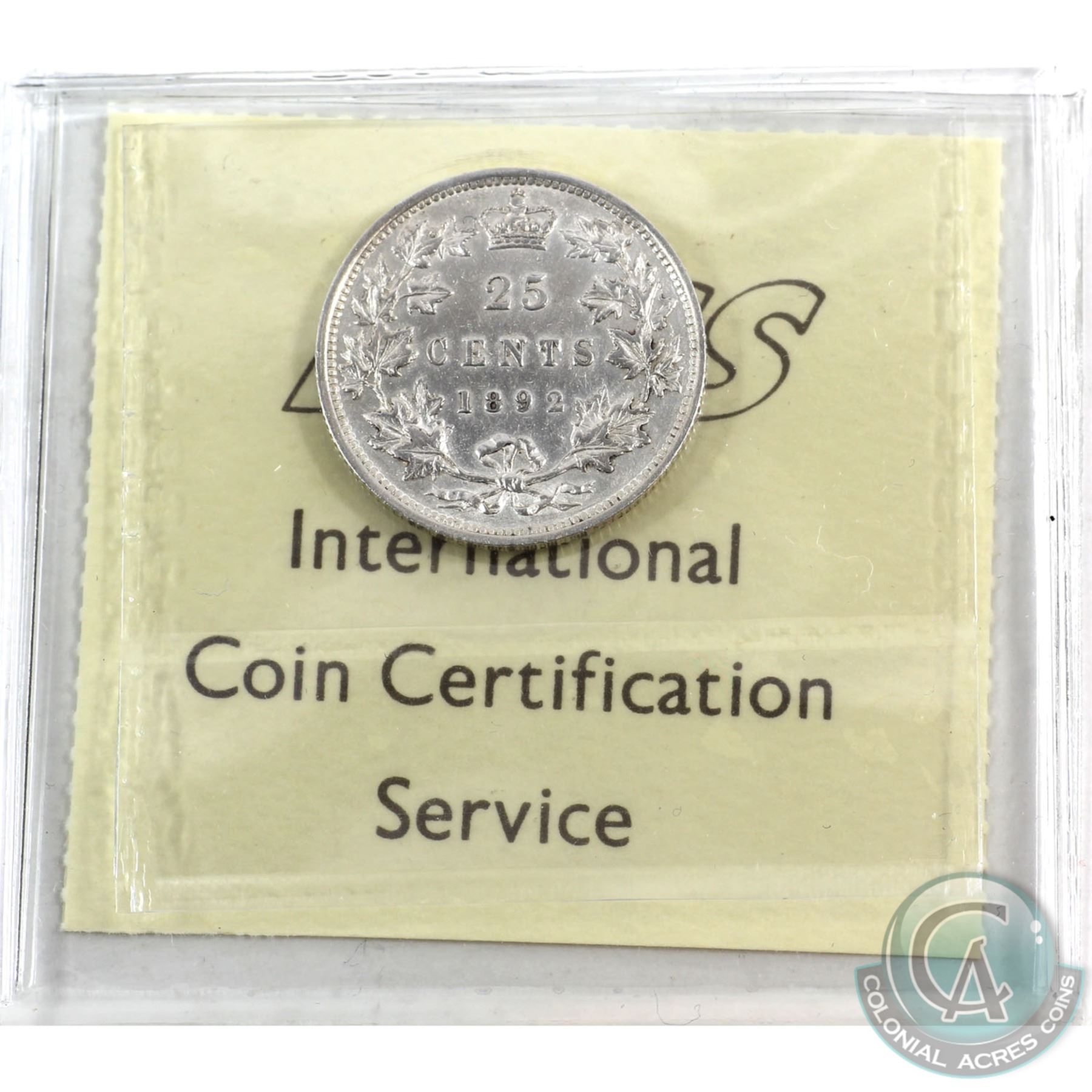 25-cent 1892 ICCS Certified EF-40. A nice mid-grade Victorian coin!