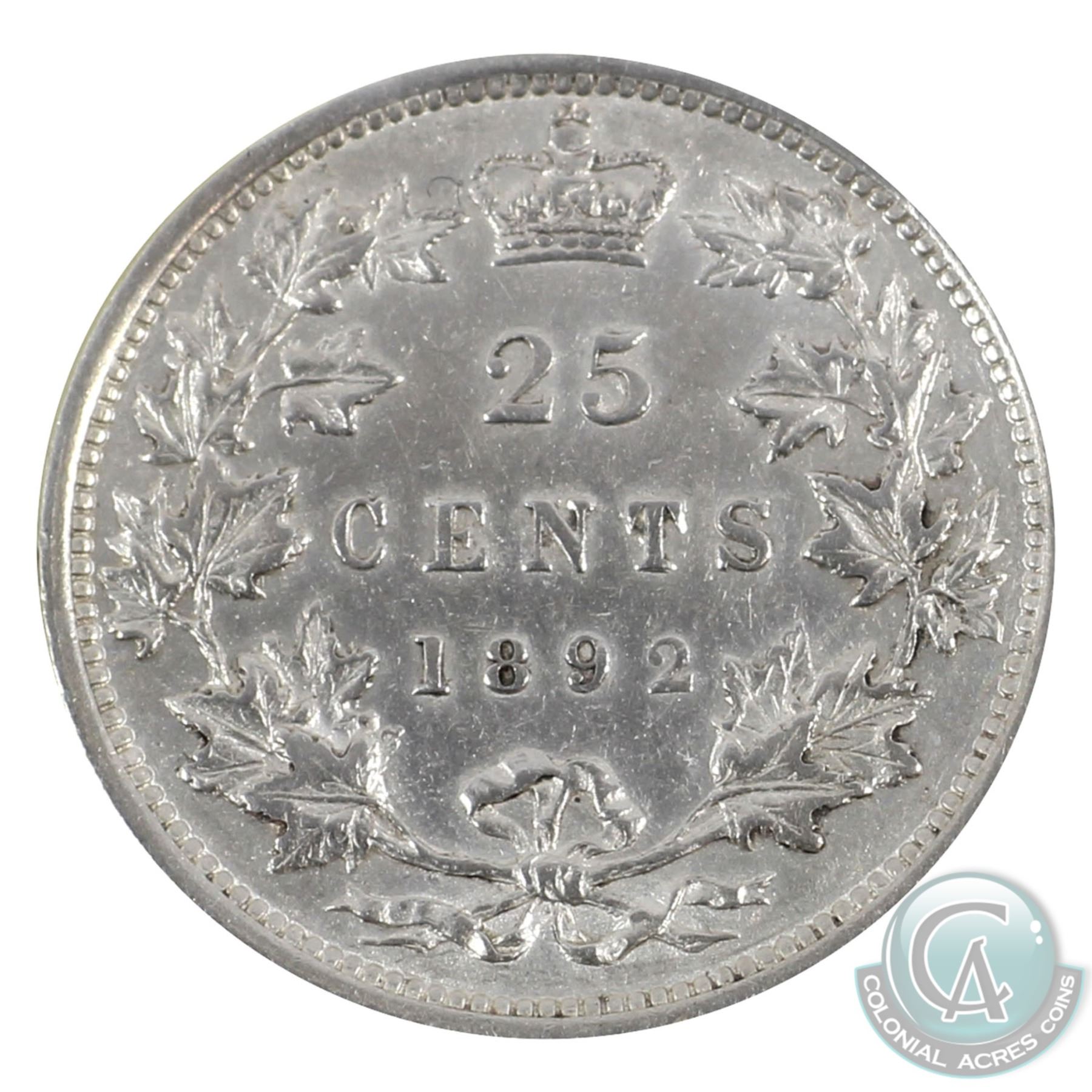 25-cent 1892 ICCS Certified EF-40. A nice mid-grade Victorian coin!