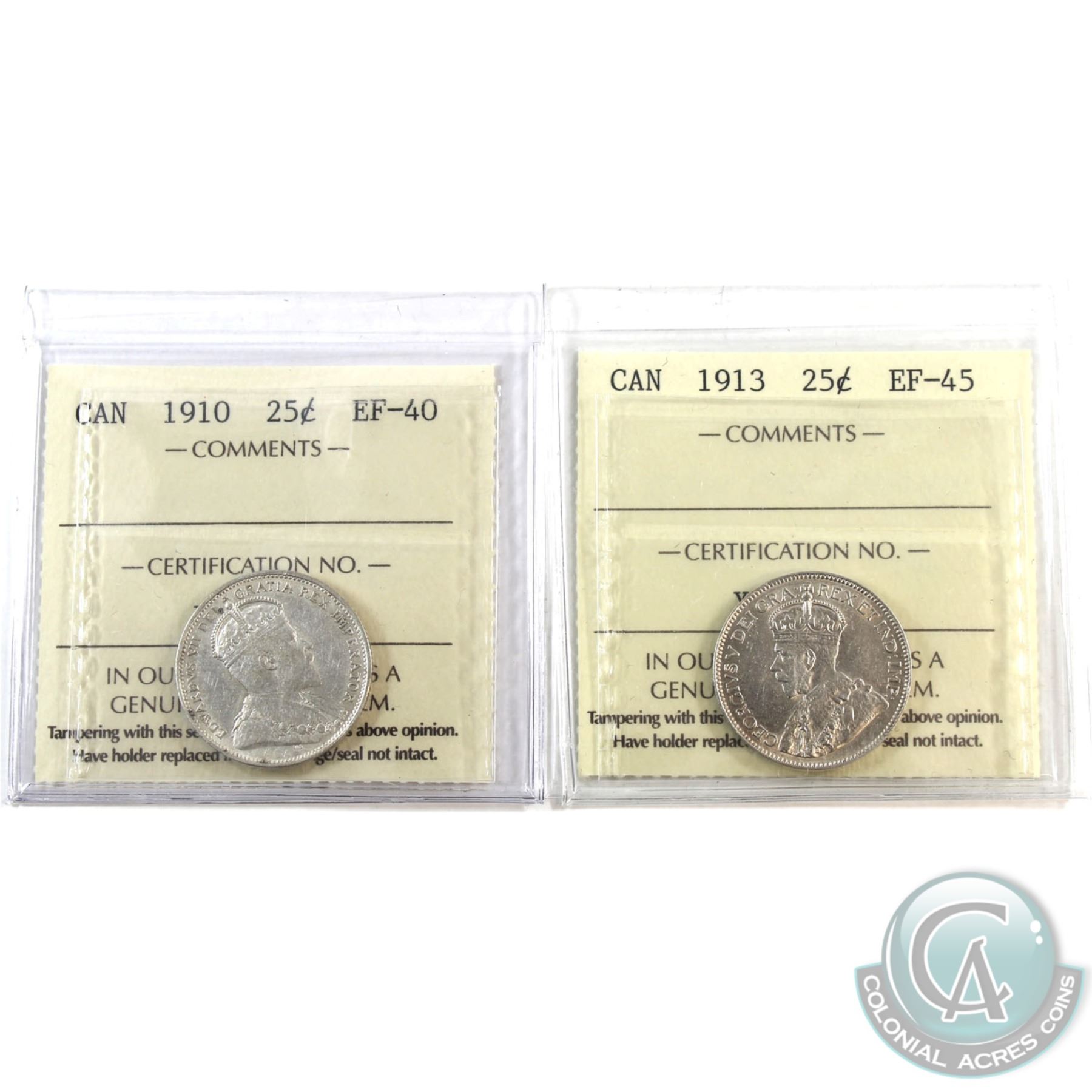 25-cent 1910 EF-40 & 1913 EF-45 ICCS Certified. 2pcs
